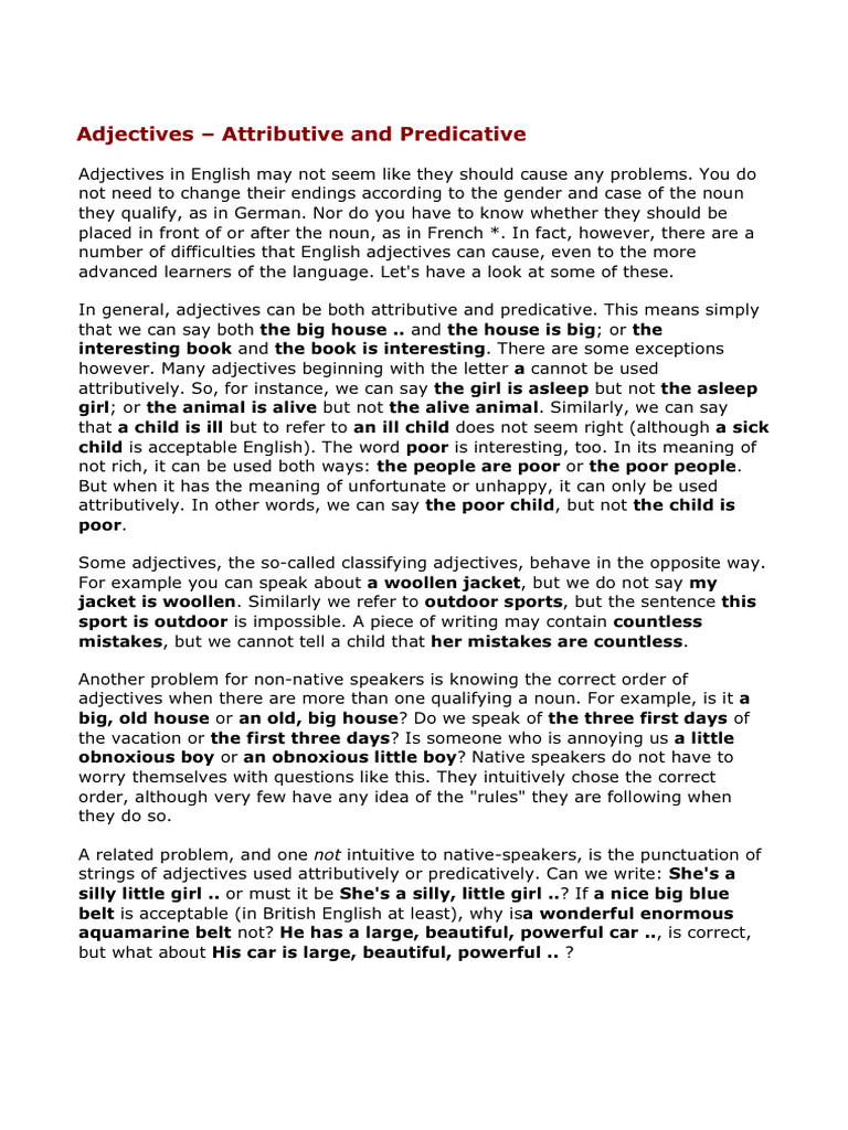 Attributive vs. Predicative Adjectives | PDF | Adjective | Linguistic ...