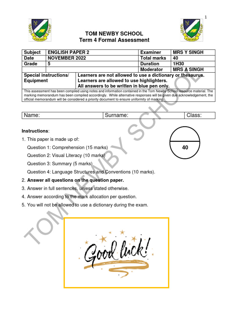 Grade 5 English Exam | PDF | Question | Lion