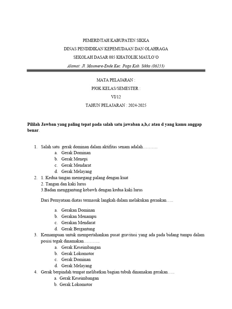 Soal Pjok Kls 6 Semester 12 Fix | PDF