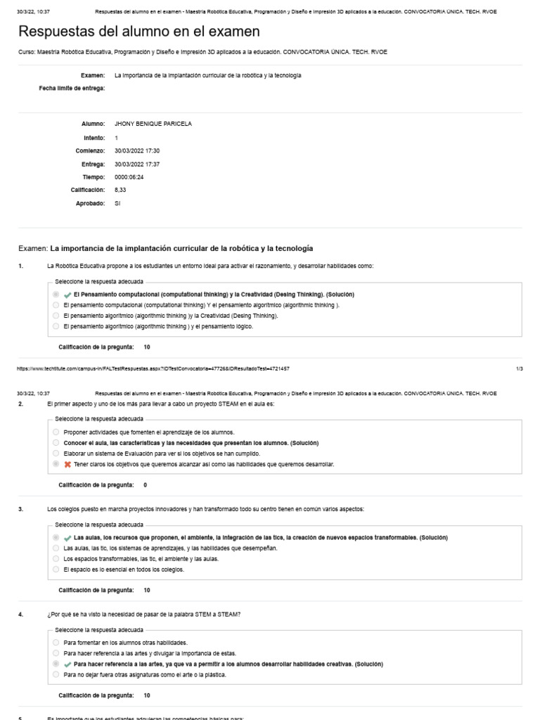 Respuestas Del Alumno en El Examen: Examen: Fecha Límite de Entrega ...
