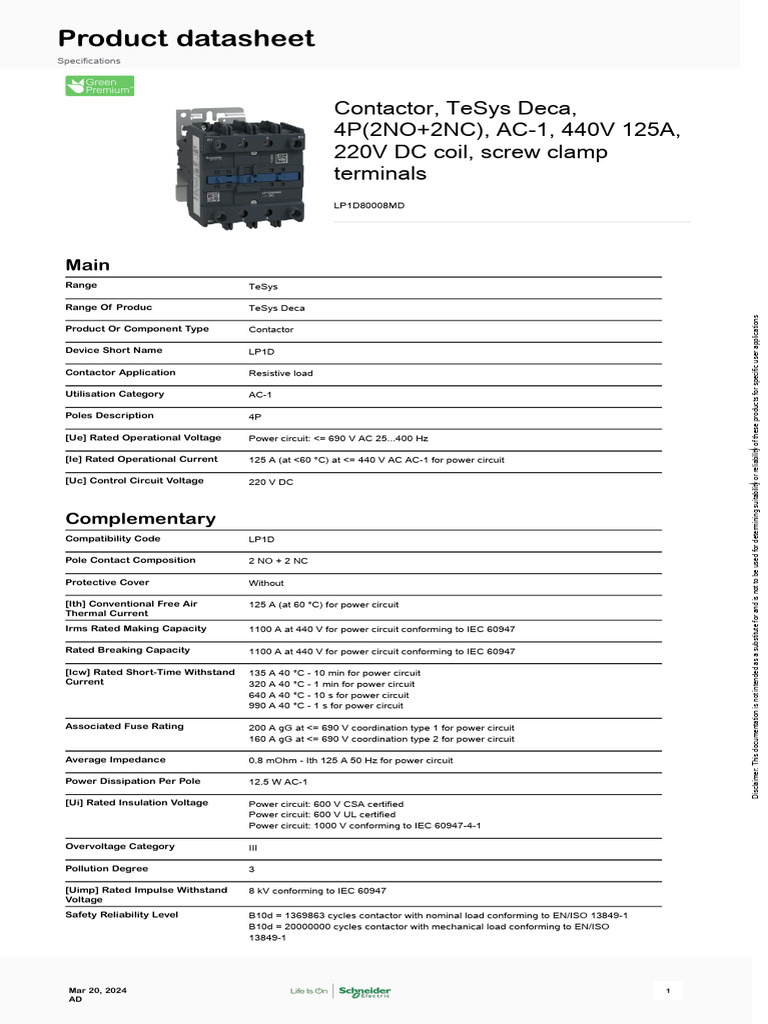 Schneider Electric - TeSys-D - LP1D80008MD | PDF | Electric Power ...