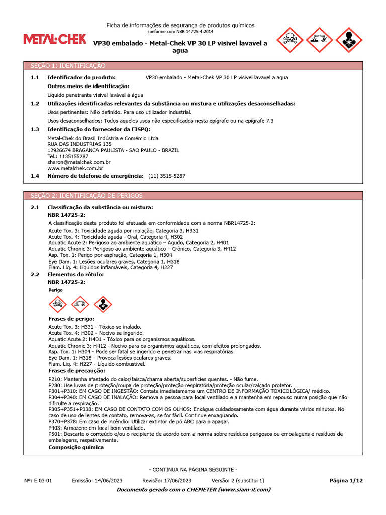 FISPQ - Metal Chek VP 30 LP Visivel Lavavel A Agua - Rev02 | PDF | Dióxido de carbono | Química