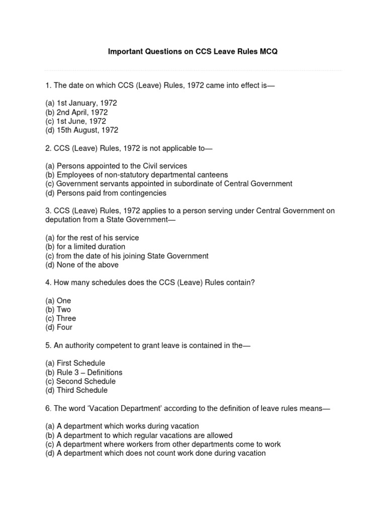 MCQ On CCS (Leave) Rules 1972 | PDF | Salary | Parental Leave