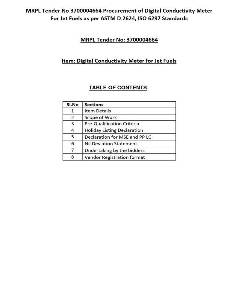 MRPL Tender No 3700004664 Procurement of Digital Conductivity Meter For ...