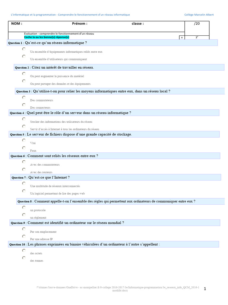 5 - QCM Reseaux | PDF | Réseau informatique | Informatique