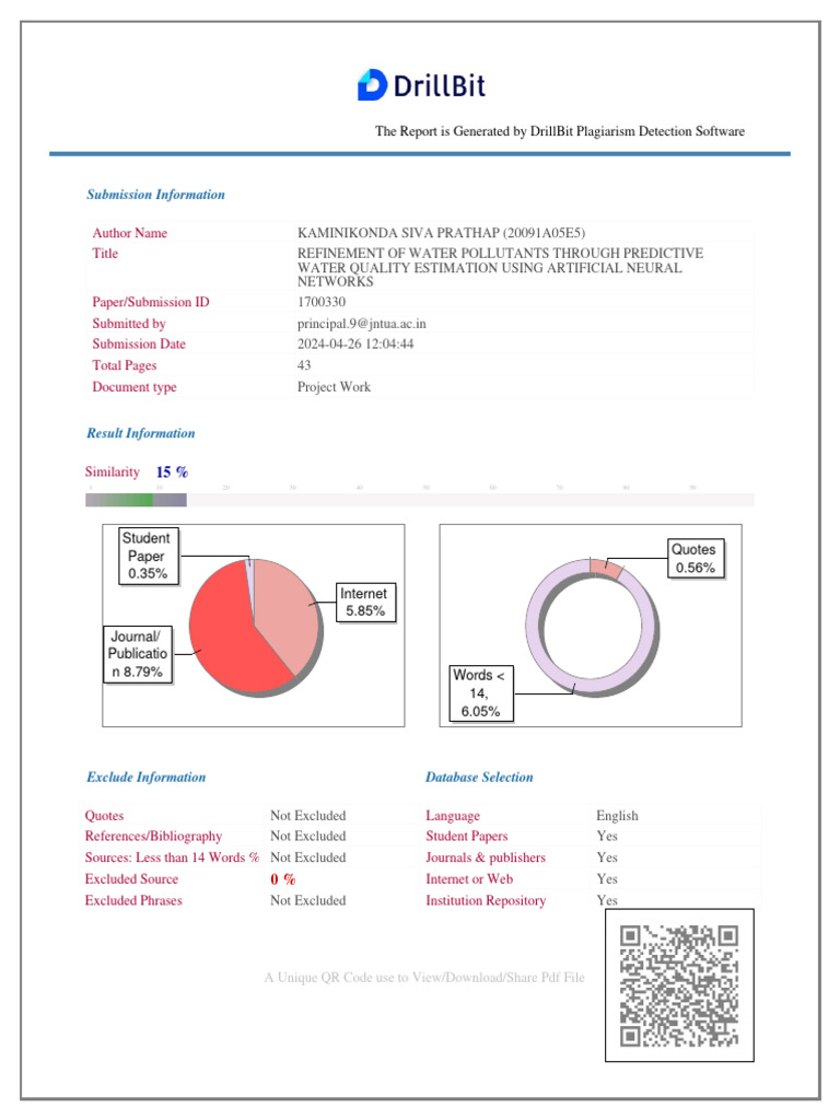 DB Report REFINEMENT OF WATER POLLUTANTS THROUGH PREDICTIVE WATER QUALITY ESTIMATION USING ...