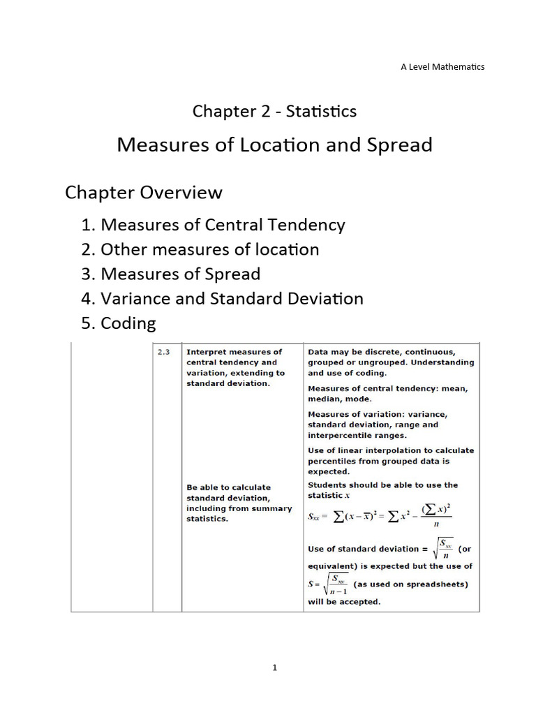 Chapter 2 Booklet - Location and Spread | PDF | Mean | Median