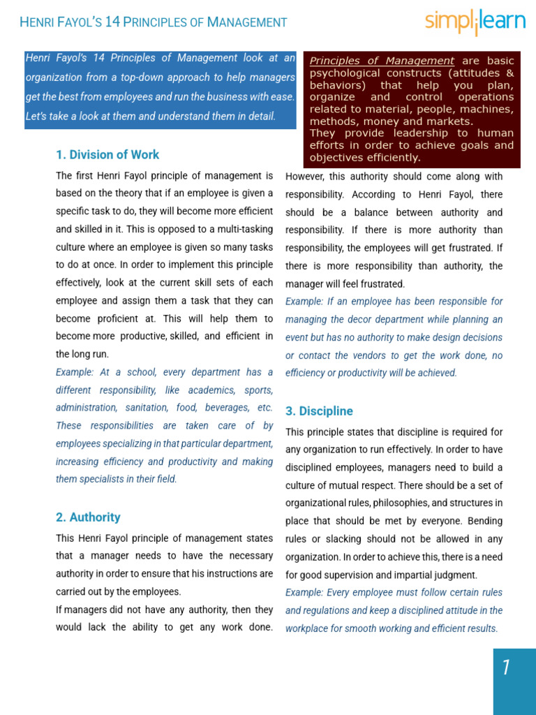 Henri Fayol 14 Principles of Management | PDF | Business | Economies