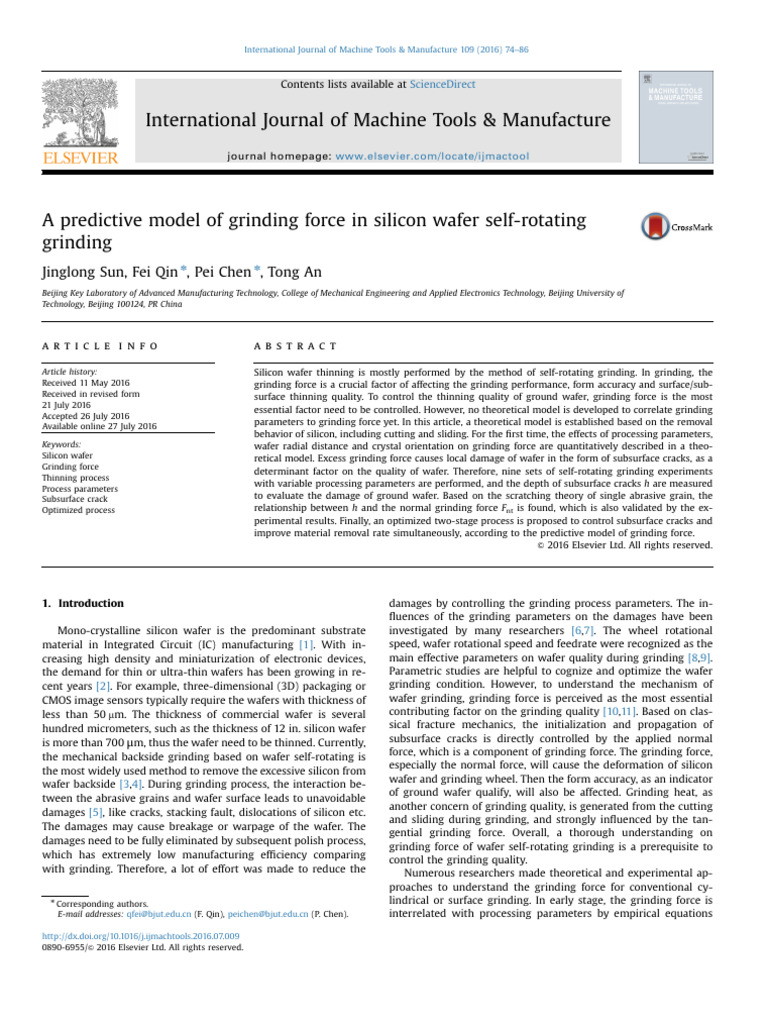 A Predictive Model of Grinding Force in Silicon Wafer Self-Rotating Grinding | PDF | Grinding ...