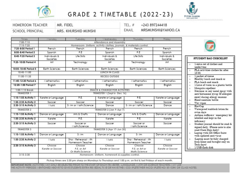 Fla Grade 2 Timetable 2022 23 | PDF | Educational Institutions | Schools