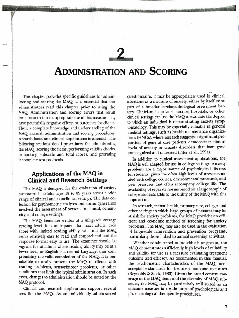 MAQ - Administration and Scoring | PDF | Anxiety Disorder | Psychometrics
