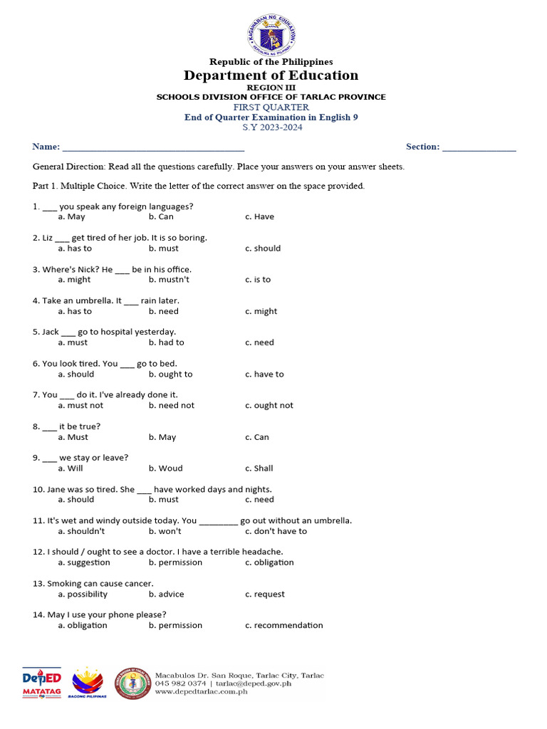 1st Quarter Exam ENG9 | PDF