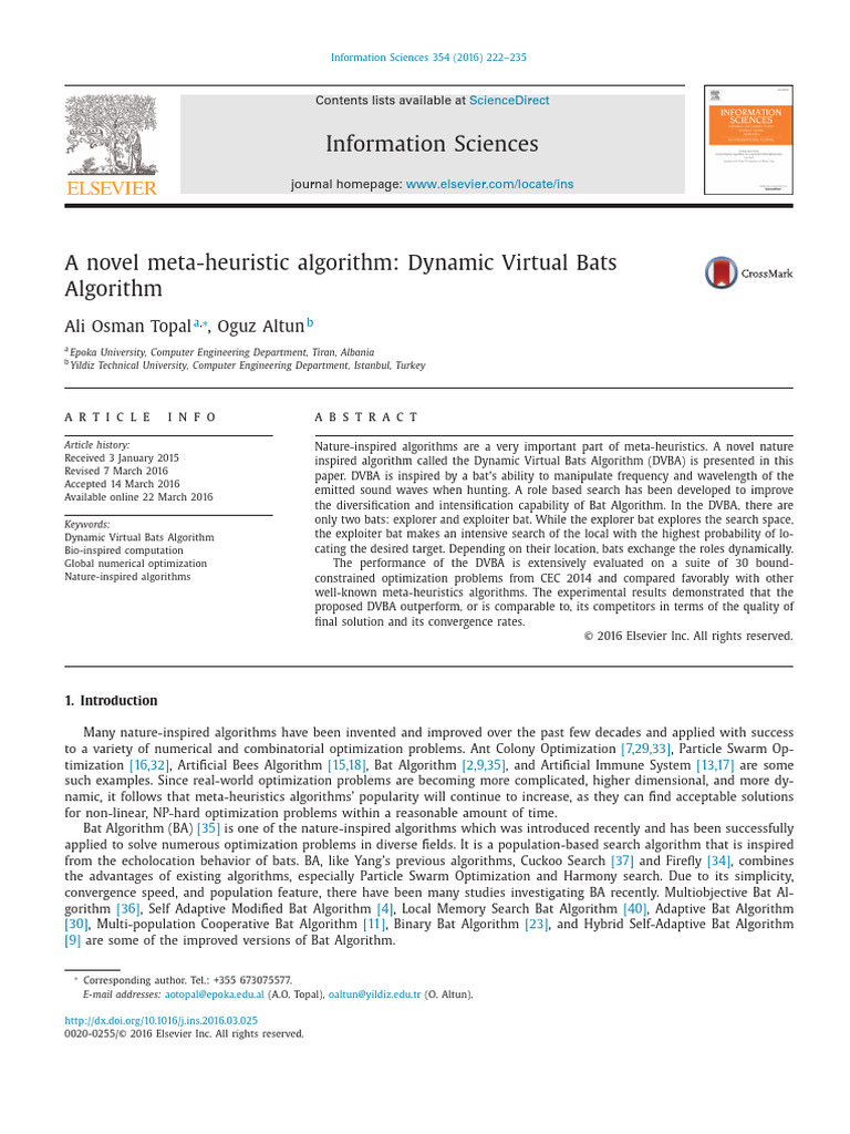 3 Dynamic Virtual Bats Algorithm Pdf Mathematical Optimization Metaheuristic 9549