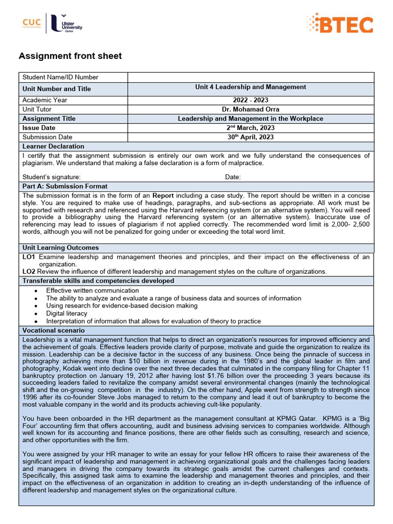 Unit 4 Assignment Brief Sem 2, 22-23 | Download Free PDF | Leadership | Motivation