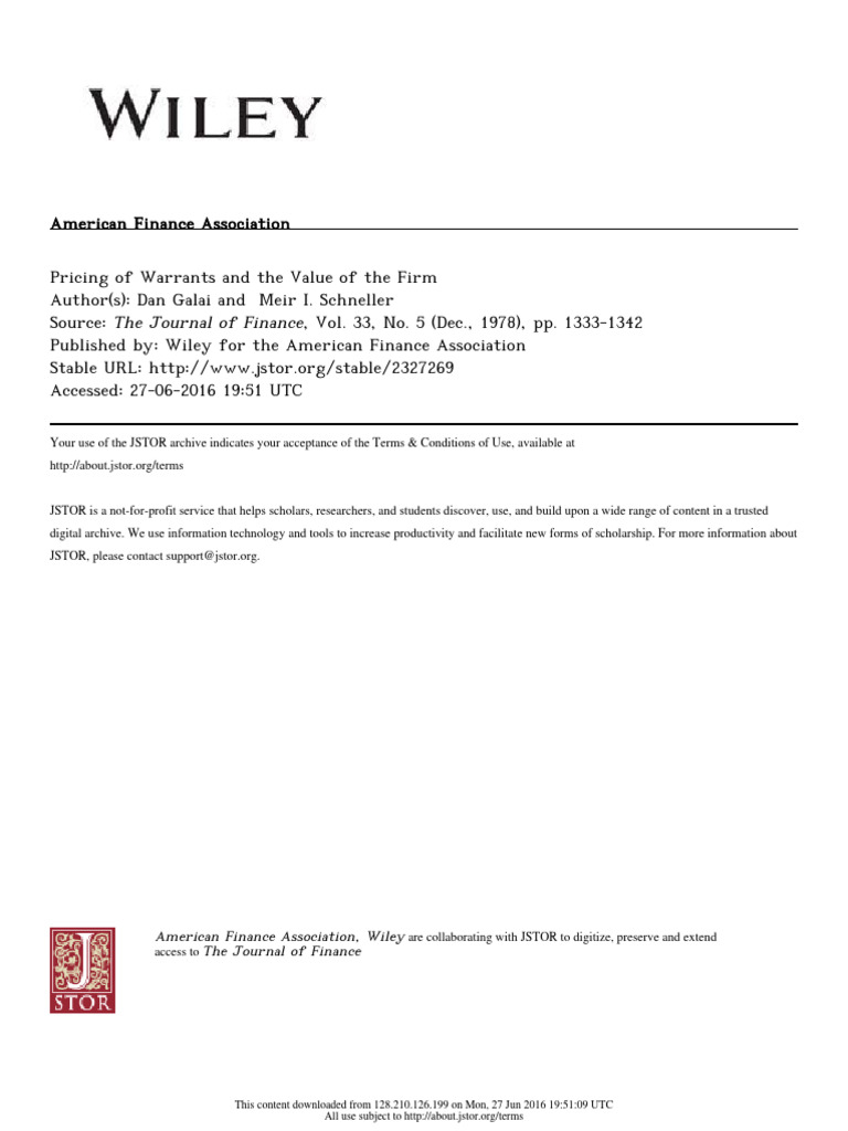 Pricing of Warrants and The Value of The Firm | PDF | Option (Finance ...