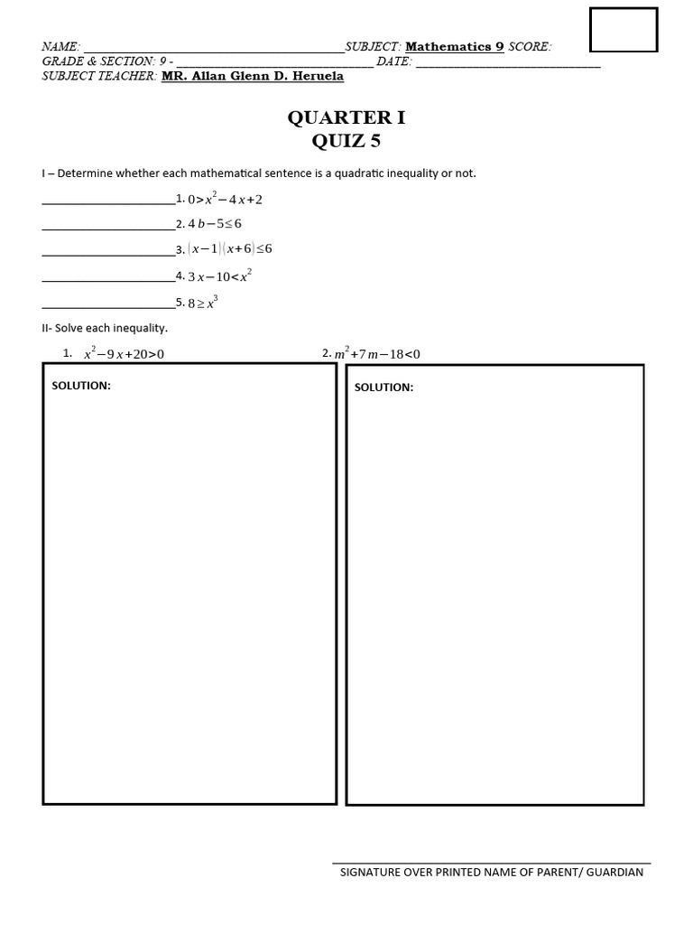 Quadratic Inequalities Quiz for Grade 9 | PDF