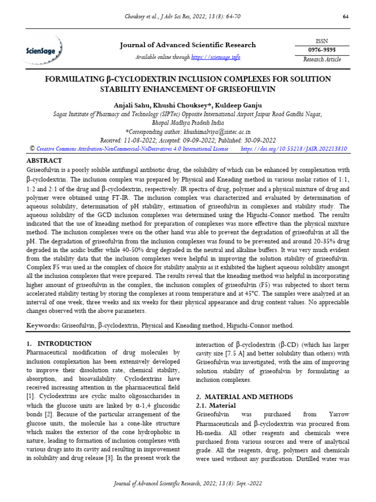 FORMULATING b-CYCLODEXTRIN INCLUSION COMPLEXES FOR | PDF | Solubility | Ph