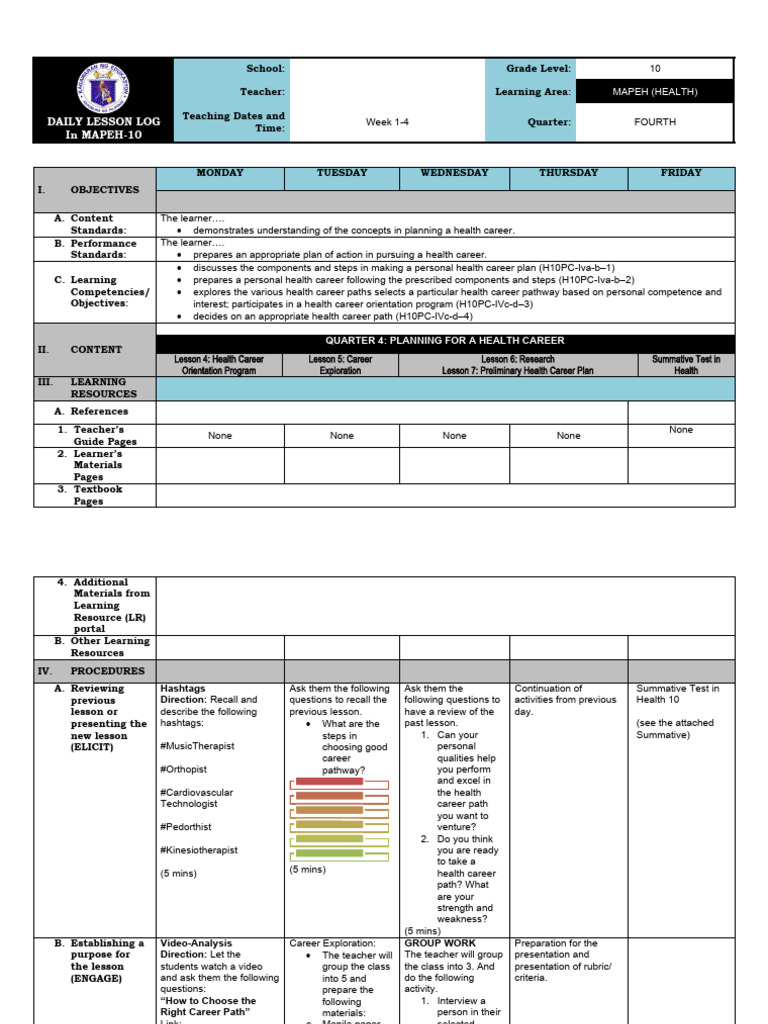 Q4 DLL-MAPEH 10 - Health-Wk5-8 | PDF | Brainstorming | Learning