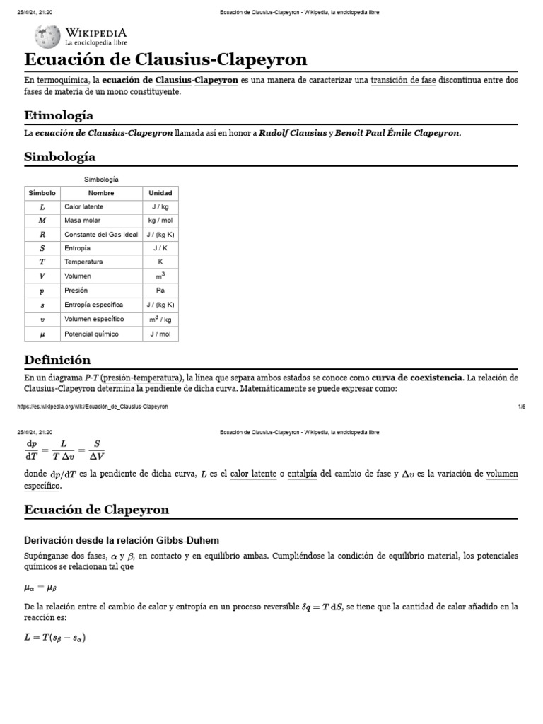 Ecuación Clausius-Clapeyron | PDF | Metrología | Química Física