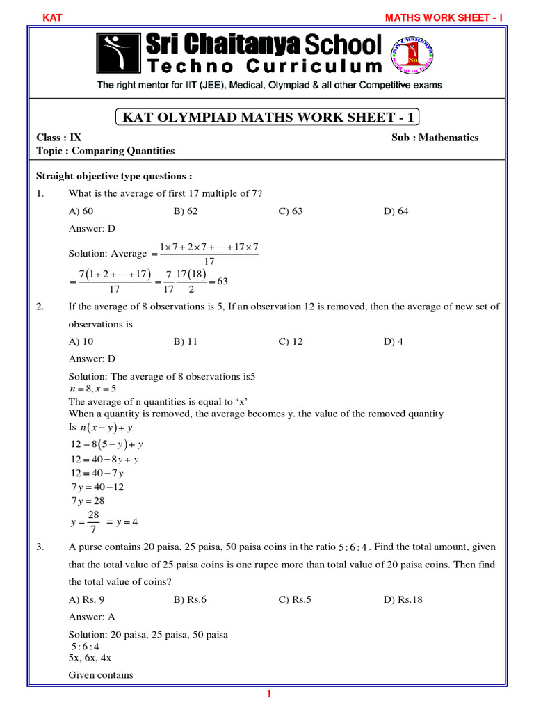 1.IX - Class Maths KAT Work Sheet - 1 - Comparing Quantities | PDF | Algebra | Quantity