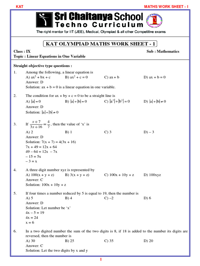 Linear Equations Worksheet for Class IX | PDF | Equations | Algebra