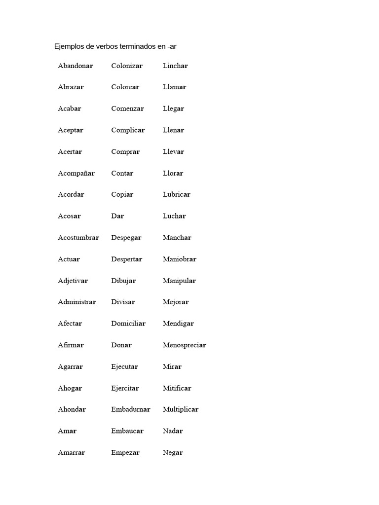 Verbos en -ar y ejemplos de uso | PDF | Tipología Lingüística | Sintaxis