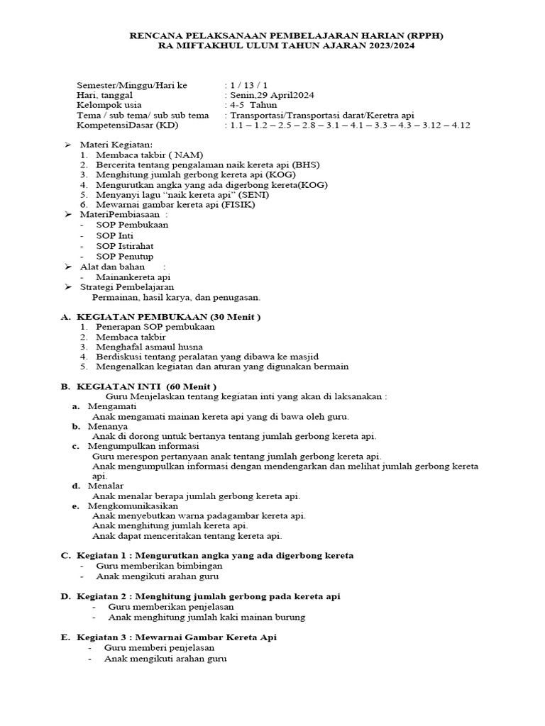 Contoh RPPH Tema Transportasi | PDF