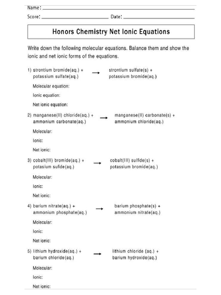 Net Ionic Equation Act Sheet 2 | PDF