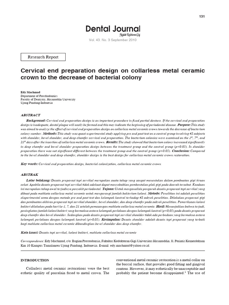 Cervical End Preparation Impact on Bacteria | PDF | Periodontology | Tooth