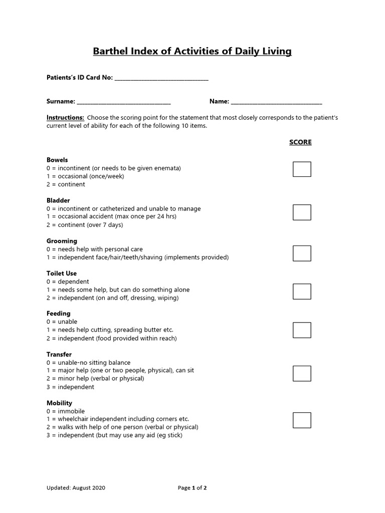 Barthel Index Score Medical Board EN | PDF | Health Care | Clinical ...