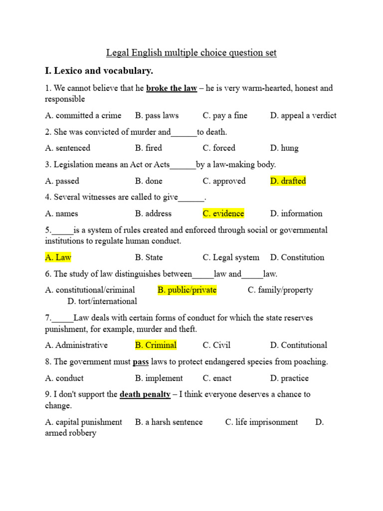 Legal English Multiple Choice Question Set | PDF | Trials | Sentence (Law)