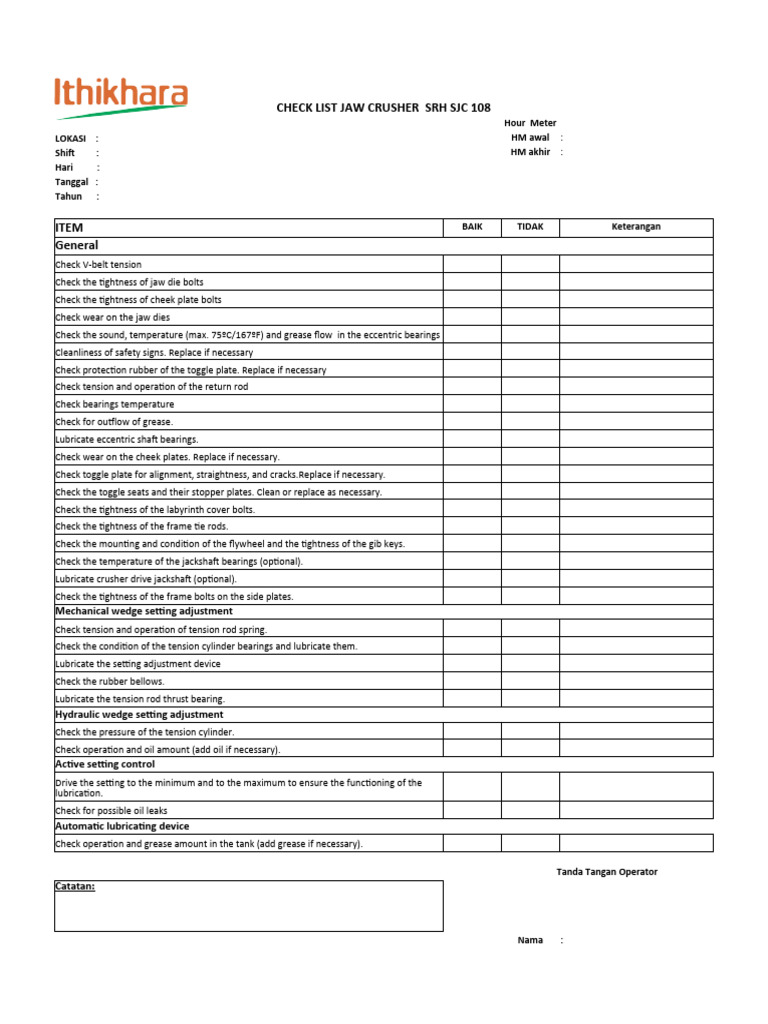 Daily Checklist | PDF | Bearing (Mechanical) | Manufactured Goods