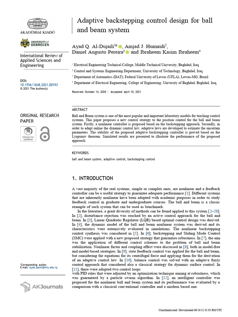 Adaptive Backstepping Control Design For Ball and | PDF | Control Theory | Applied Mathematics