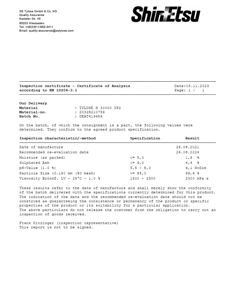 Tylose H 30000 YP2 Analysis Report | PDF