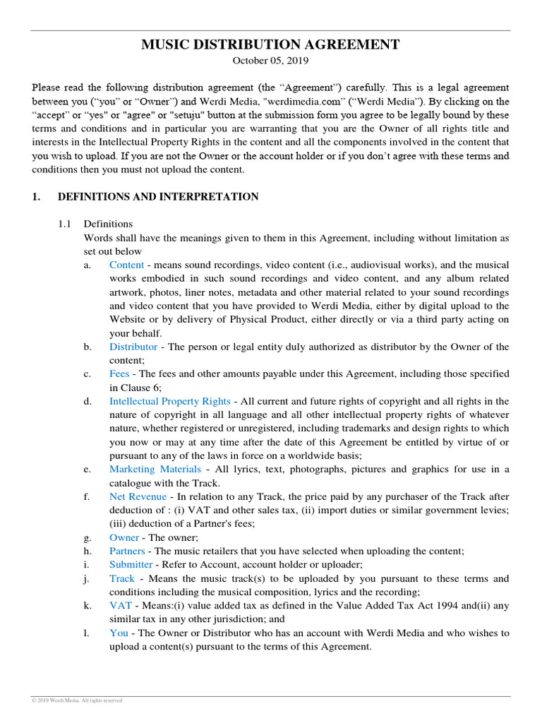 MUSIC DISTRIBUTION AGREEMENT - Werdi Media 202104 | PDF | Indemnity | Tort
