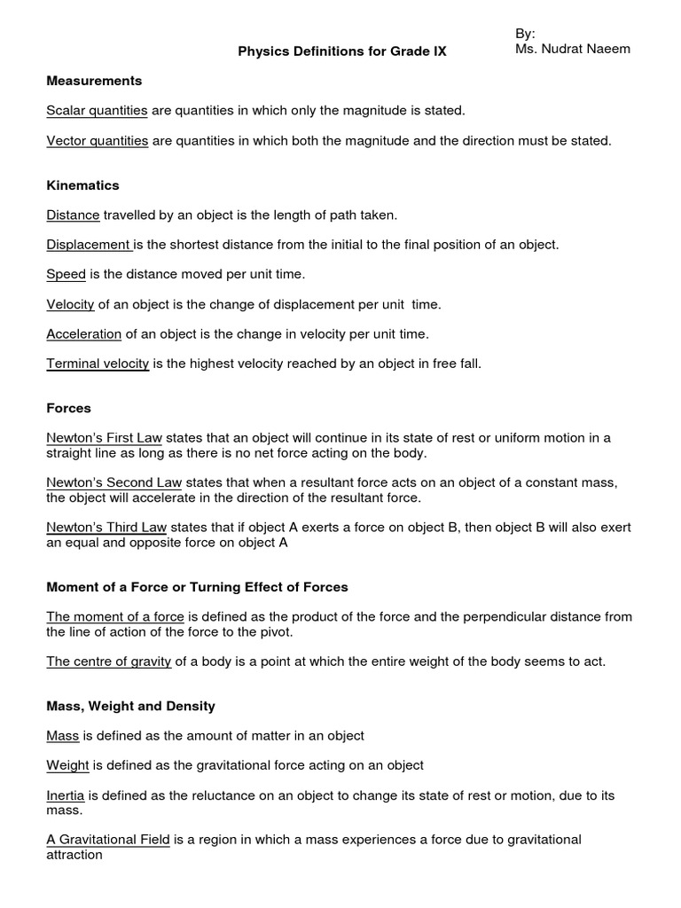 Physics Definitions For Grade IX | PDF | Force | Velocity