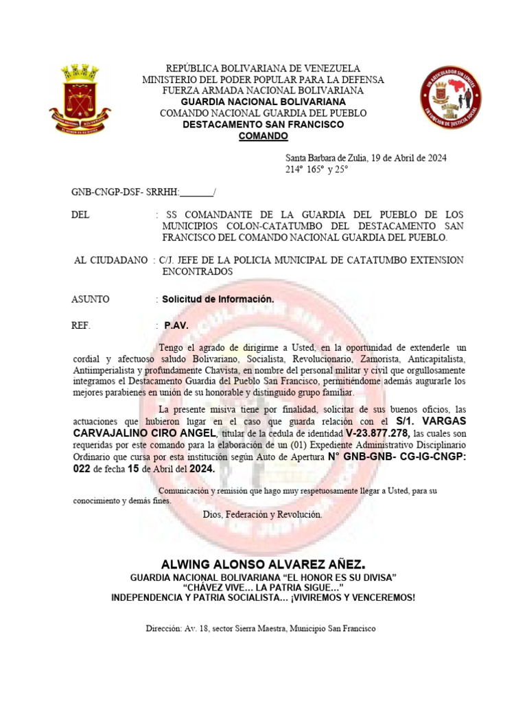 Oficio Recaudar Informacion Sobre Vargas Carvajalino | PDF