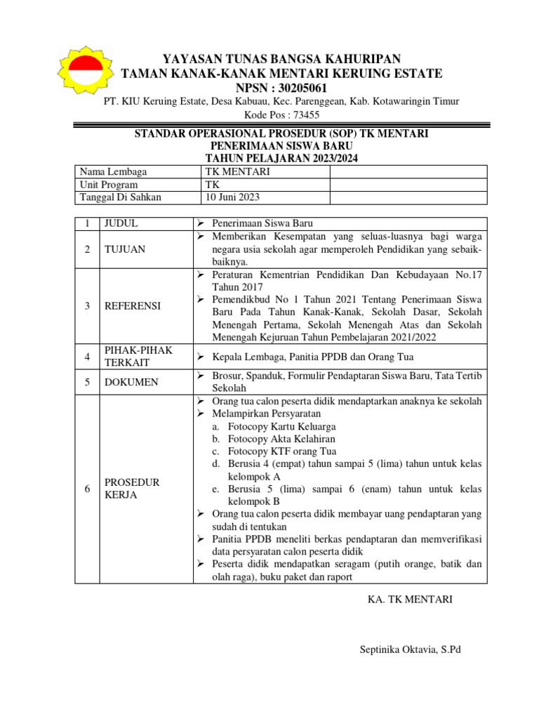 Sop Penerimaan Siswa Baru TK Mentari | PDF
