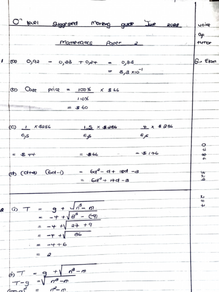 Zimsec2023june O Level Mathematics Paper 2 Marking Guide (Sir Elam 0786 ...
