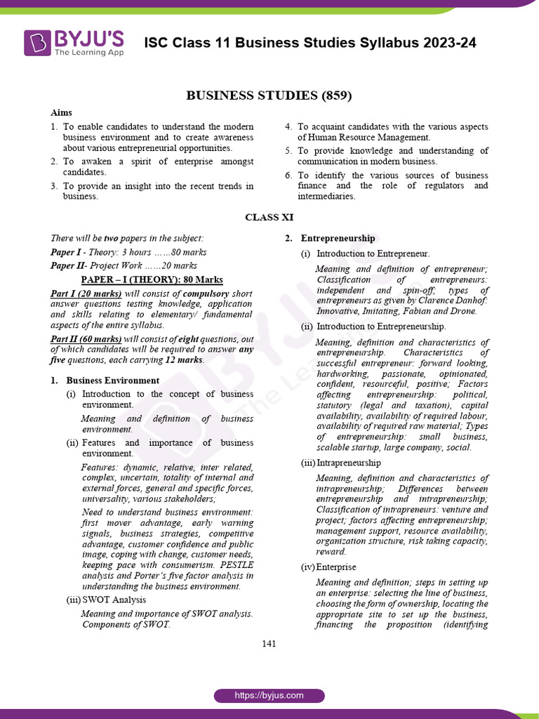 ISC Class 11 Business Studies Syllabus 2023 24 | PDF | Entrepreneurship ...