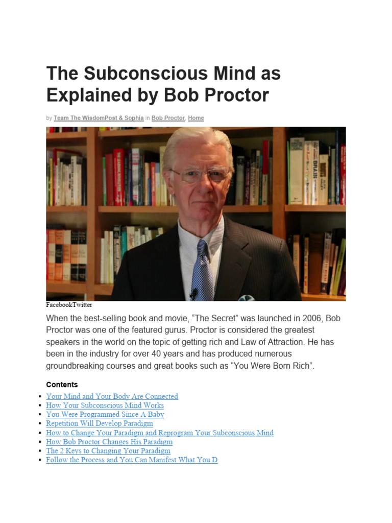 The Subconscious Mind As Explained by Bob Proctor | PDF | Feeling | Thought