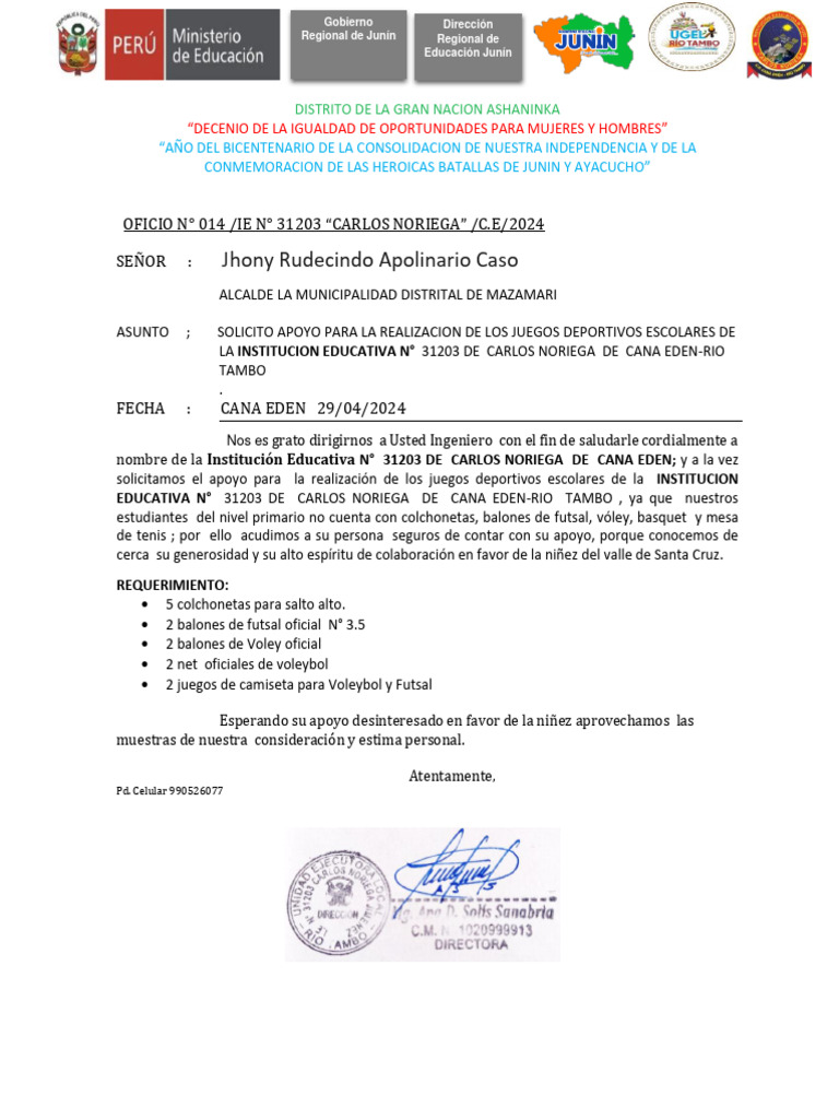 Solicitud de apoyo al alcalde de Mazamari | PDF