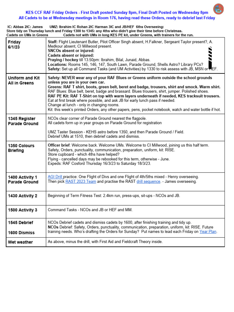 Friday Orders Kes CCF Raf 2022-23 | PDF | Non Commissioned Officer ...