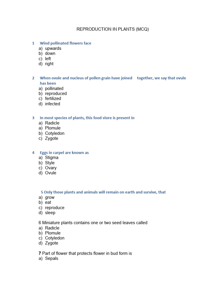 MCQ Class 7 Reproduction in Plants | PDF | Flowers | Plant Reproduction