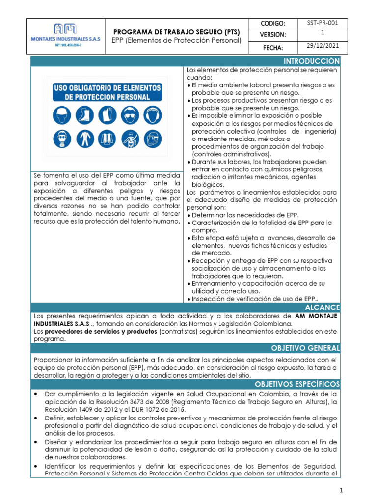 SST-PR-004 - Programa de Trabajo Seguro EPP | PDF | Seguridad y salud ocupacional | Riesgo