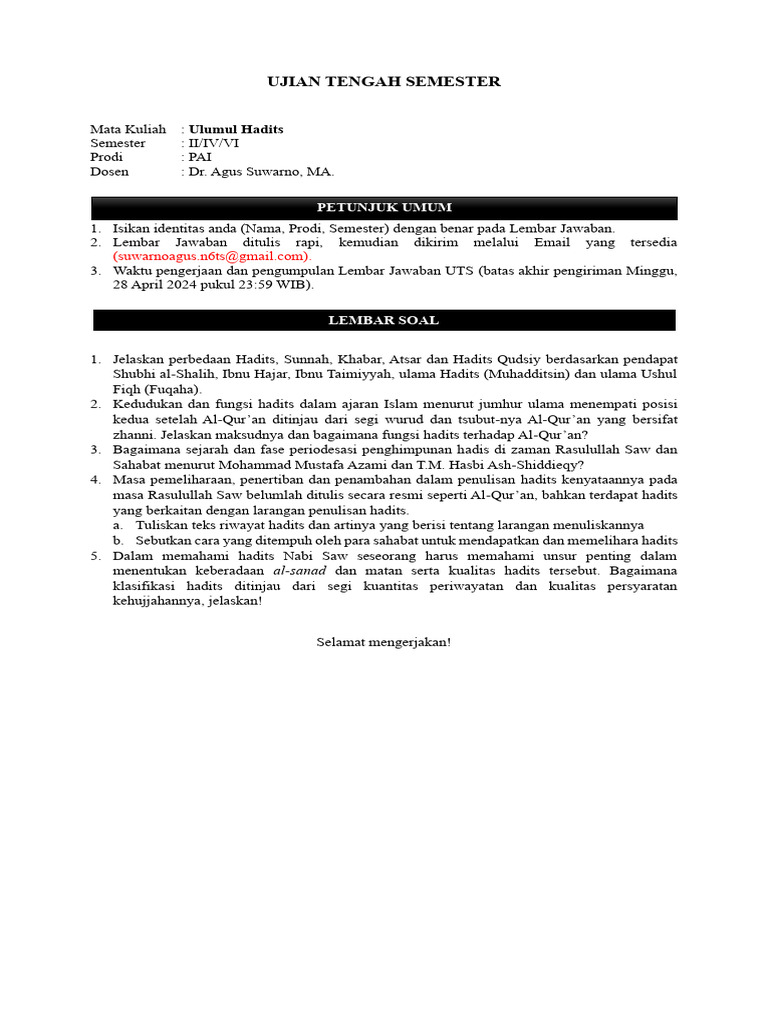 UTS Ulumul Hadits-2024 | PDF