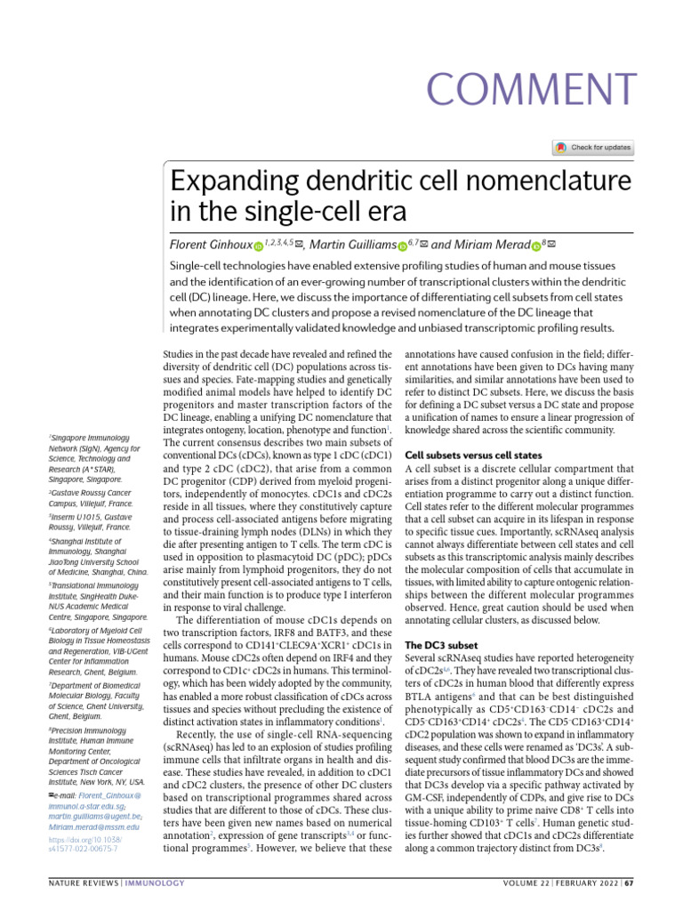 Comment: Expanding Dendritic Cell Nomenclature in The Single-Cell Era | PDF | Dendritic Cell ...