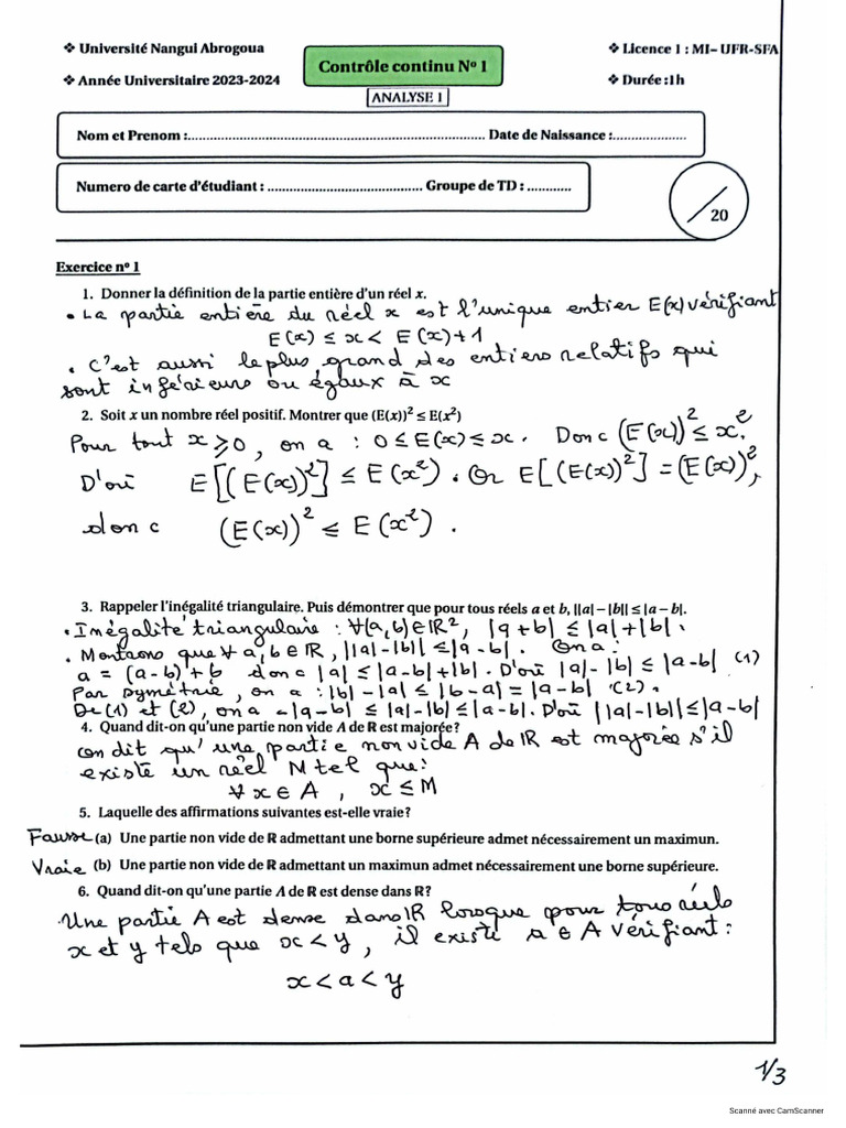 Corrigé Contrôle Continu No1 Analyse 1 | PDF