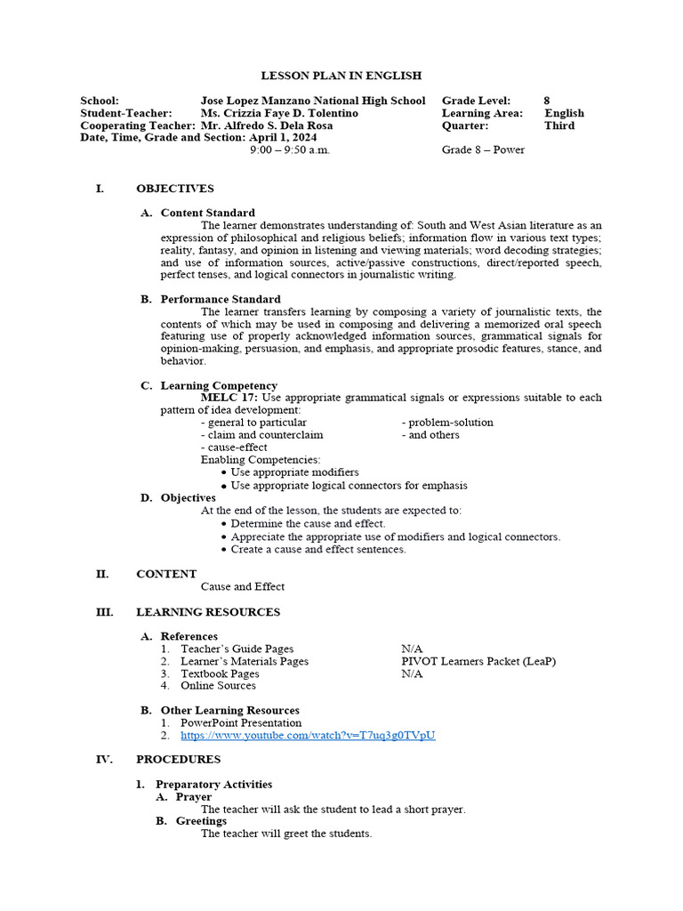 4th Quarter Week 1 - Day 1 | PDF | Learning | Causality