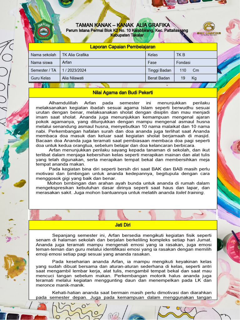 Rapor PAUD Kurikulum Merdeka (Contoh 5) | PDF